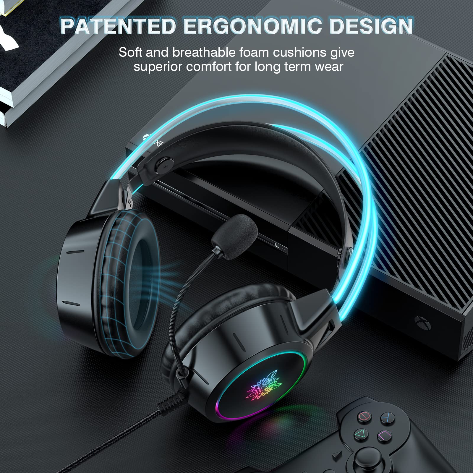 Gaming Headset for PS4, PC Gaming Headphone with RGB Streamer Gradient Headband and Noise Reduction Mic, 7.1 Surround Sound Suspended Wired Headsets for PS5, PC, PS4, iMac, Laptop (Black)