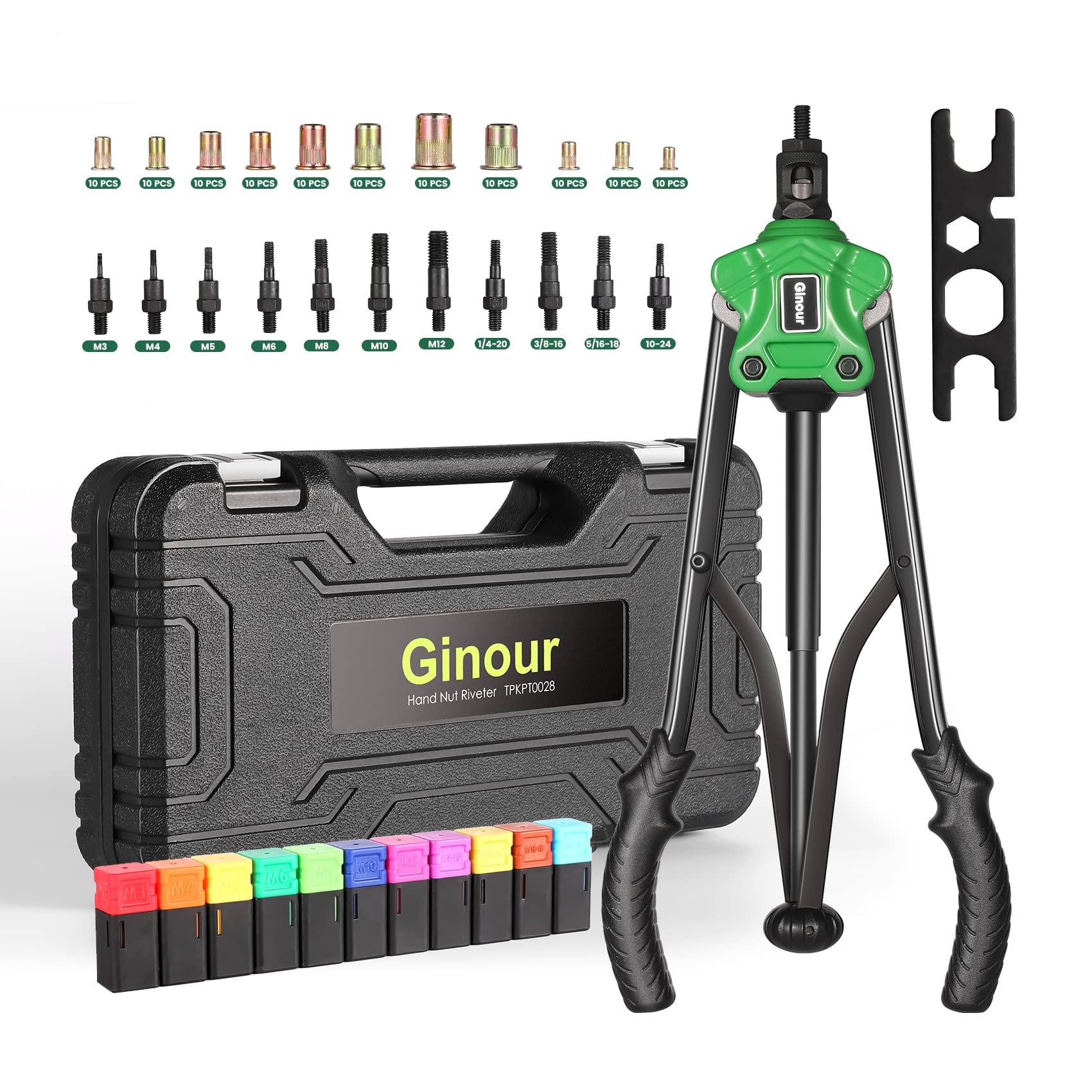 Ginour 17" Rivet Nut Tool, 110 pcs Hand Rivet Nut Tool with 11 Metric & Inch Mandrels M3 M4 M5 M6 M8 M10 M12, 10-24, 1/4-20, 5/16-18, 3/8-16, Automatic Rivet Tool Set and Blow Carry Case