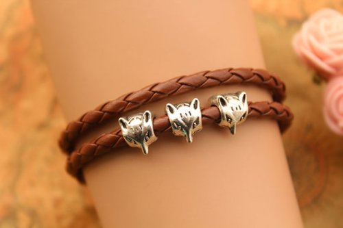 Fox Bracelet,Cute Fox Head Charm Bracelet,Brown Leather Rope Bracelet,Birthday Gift
