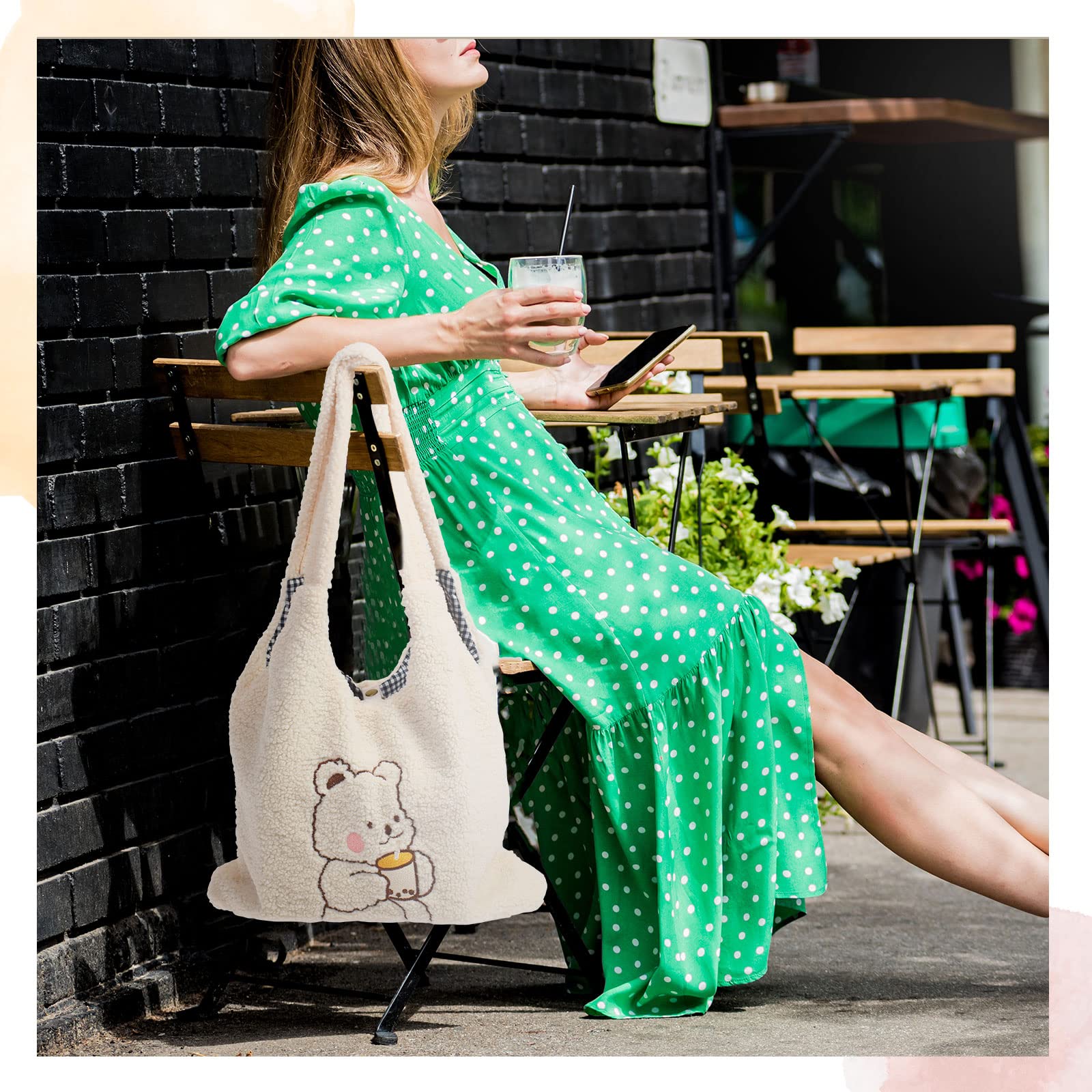 FVVMEED Women Canvas Tote Purse Lamb Like Fabric Shoulder Bag Simple Cute Bear Crossbody Handbag (B)