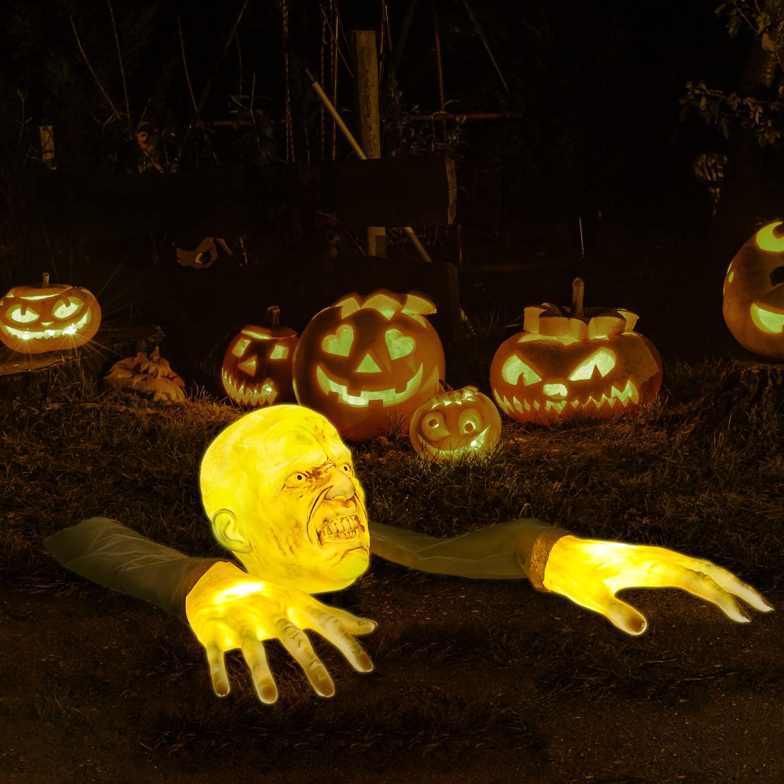 Halloween Decorations Outdoor Lighted Zombie Groundbreaker Decoration, Creepy Face Hand Lawn Stakes Graveyard Décor, Scary Ground Breaker Skeleton Indoor Halloween Decor