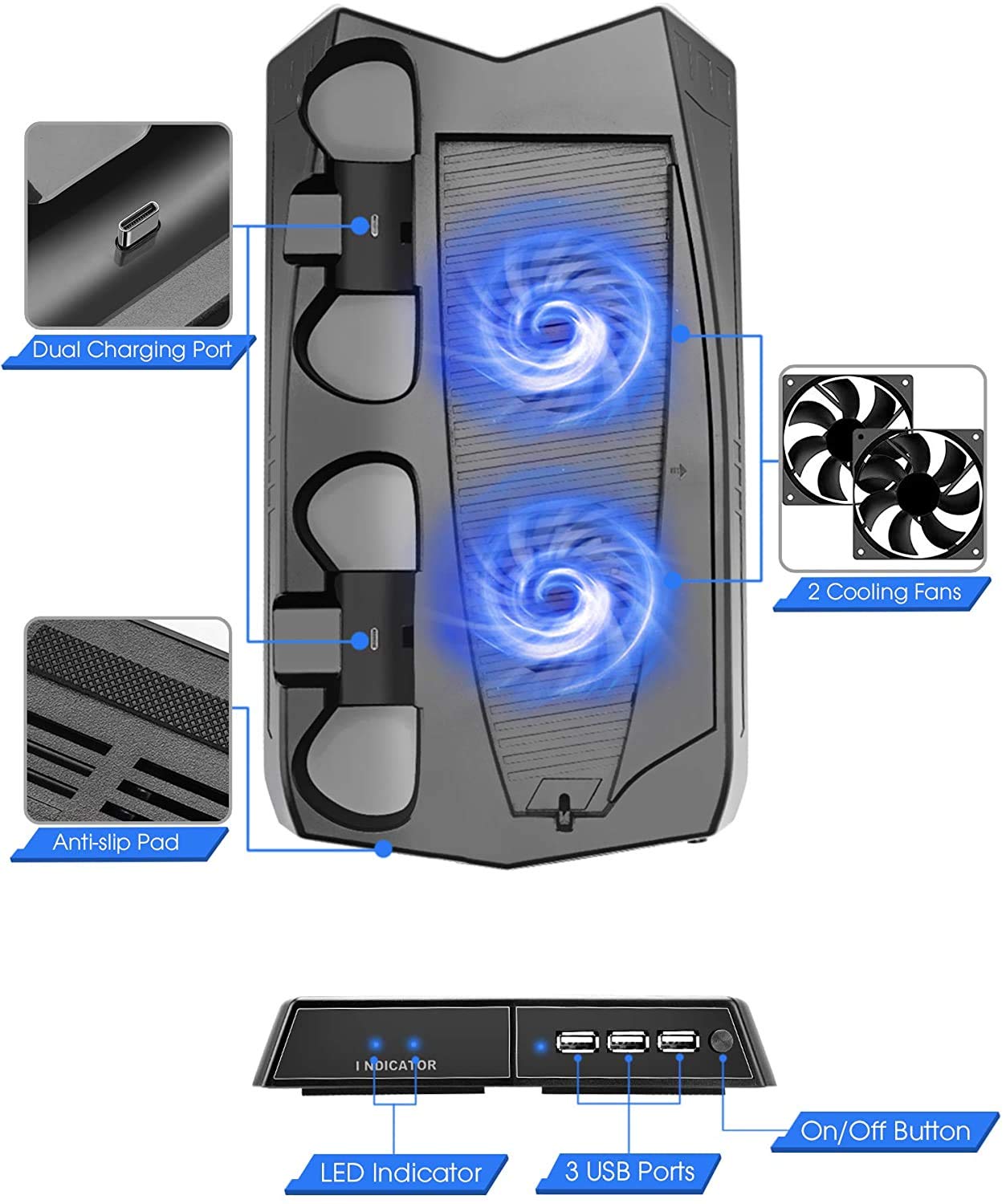 for PS5 DE/UHD Vertical Stand,Including 2 DualSense Controller Charging Dock and Stand with Cooling Fan Compatible for Playstation5 ,3 USB. Charging Station Dock with Dual Controller Charger Ports.