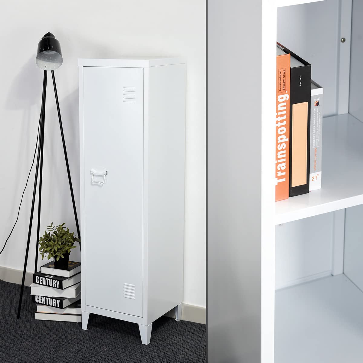 FurnitureR 54.1" High Standing Metal Cabinet Storage Organizer Console Stand 3-in-1 Shelves Removable, for Gym,Library,Office, White