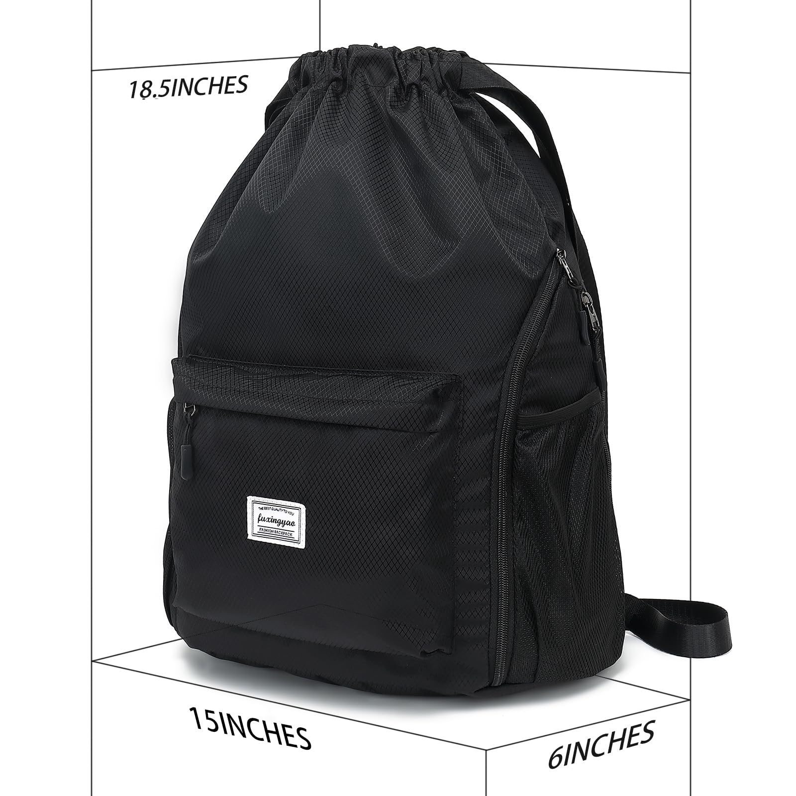 FUXINGYAO Drawstring Backpack Sports Gym Bag with Shoes Compartment, String Backpack Cinch for Women Men (Black)