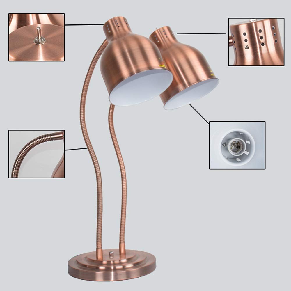 ZXT Food Warming lamp Single/Double Bulbs Buffet Display Heating Preservation Light,Commercial Portable W250 Heat Lamp (Color : Silver, Size : Double Head)