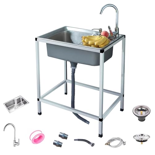 Freestanding Utility Sink,Laundry Tub With Drain,Outdoor Stainless Steel Kitchen Sink,Wash Tub Stand,for Garage/Restaurant/Outdoor/Backyard,Strong Stability,for Indoor Outdoor (Size : L 23.6in)
