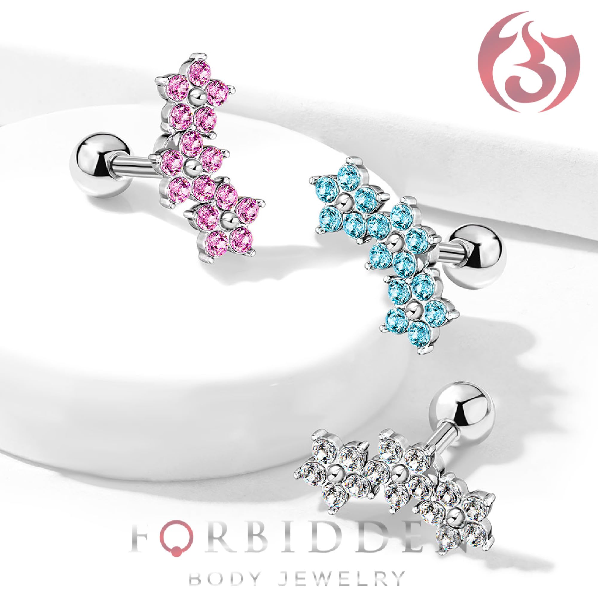 Forbidden Body Jewelry 16g 6mm Surgical Steel Stud for Cartilage, Tragus, & More w/Triple Crystal Floral Cluster, Aqua