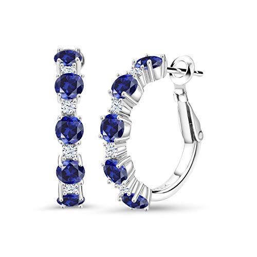 Gem Stone King 925 Sterling Silver Blue Created Sapphire and White Zirconia Hoop Earrings For Women (2.74 Cttw, Round 4MM and 1.9MM, Gemstone Birthstone 1 Inch Diameter)