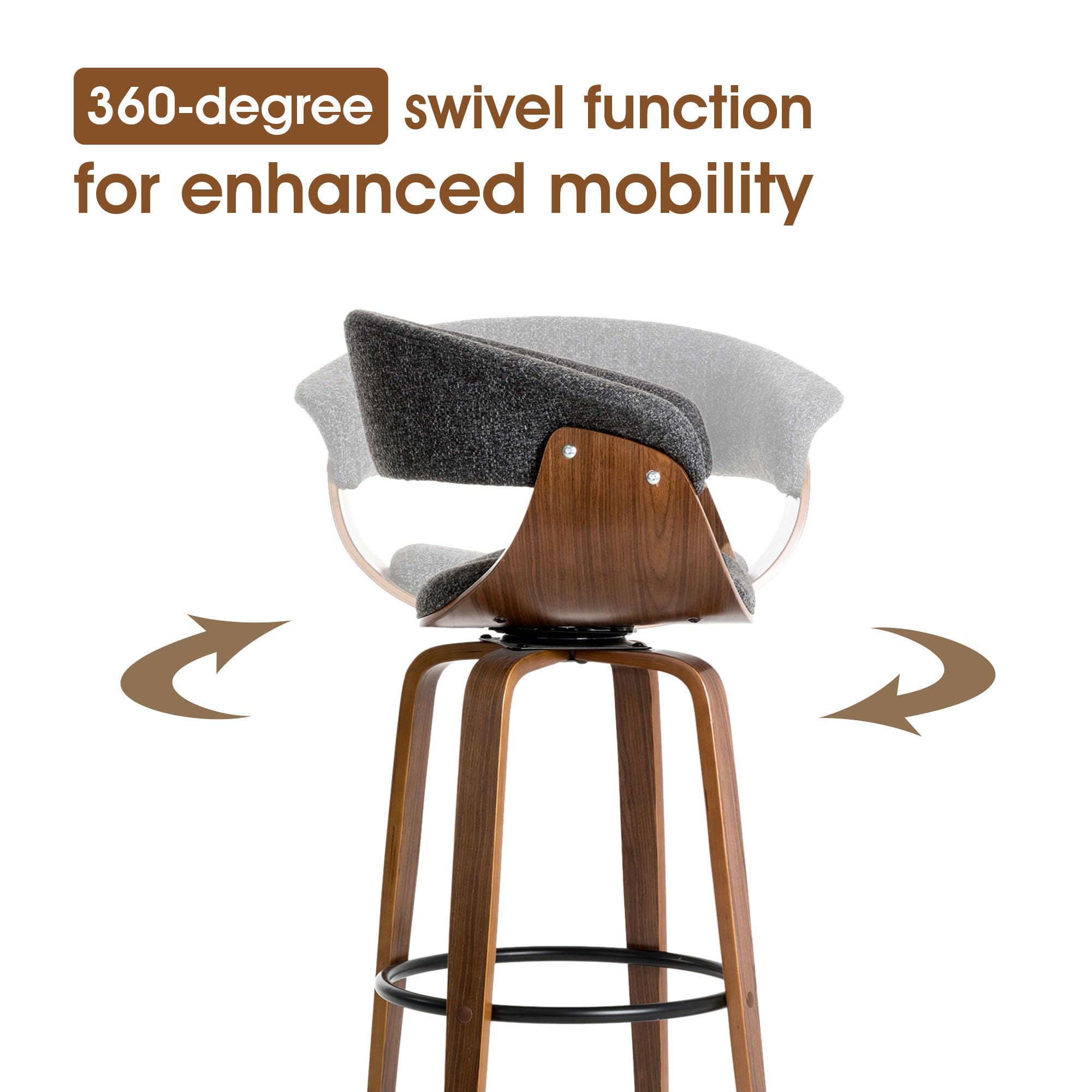 Glitzhome 2 Set Swivel Bar Stool, Bar Height Mid-Century Modern Grey Fabric Wooden Bar Chair with Back Support