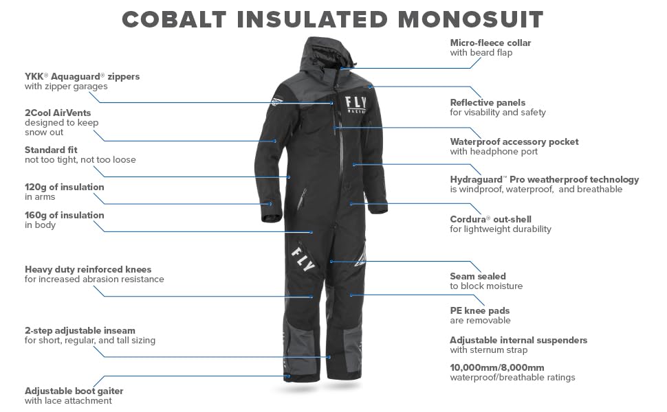 Fly Racing Cobalt Snowmobile Monosuit (Black/Grey (Insulated), Small)