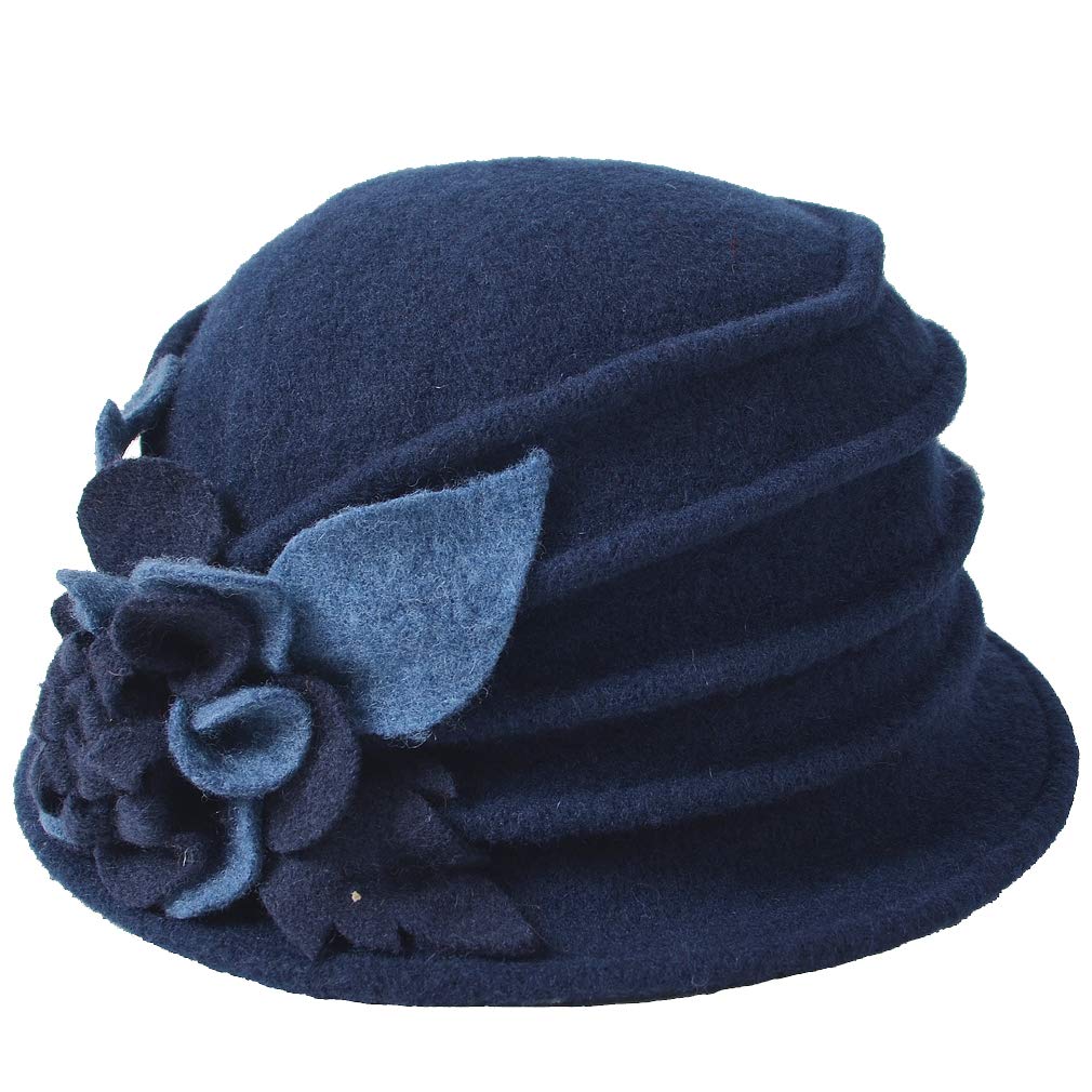 FORBUSITE Vintage Women Floral Wool Dress Cloche Winter Hat 1920s Navy Blue