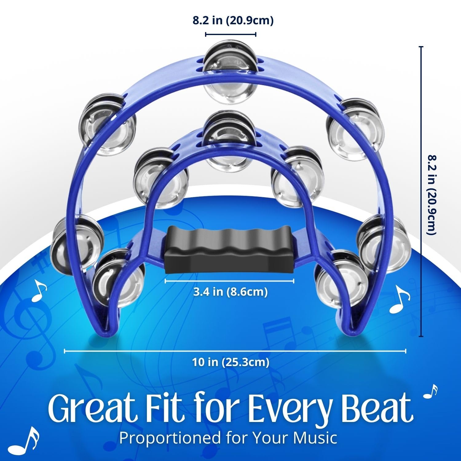 Flexzion Tambourine Metal Half Moon Musical Instruments Double Row Metal Jingles Hand Held Instruments Percussion with Ergonomic Handle Grip, Tambourines for Adults, 2 Packs - Blue