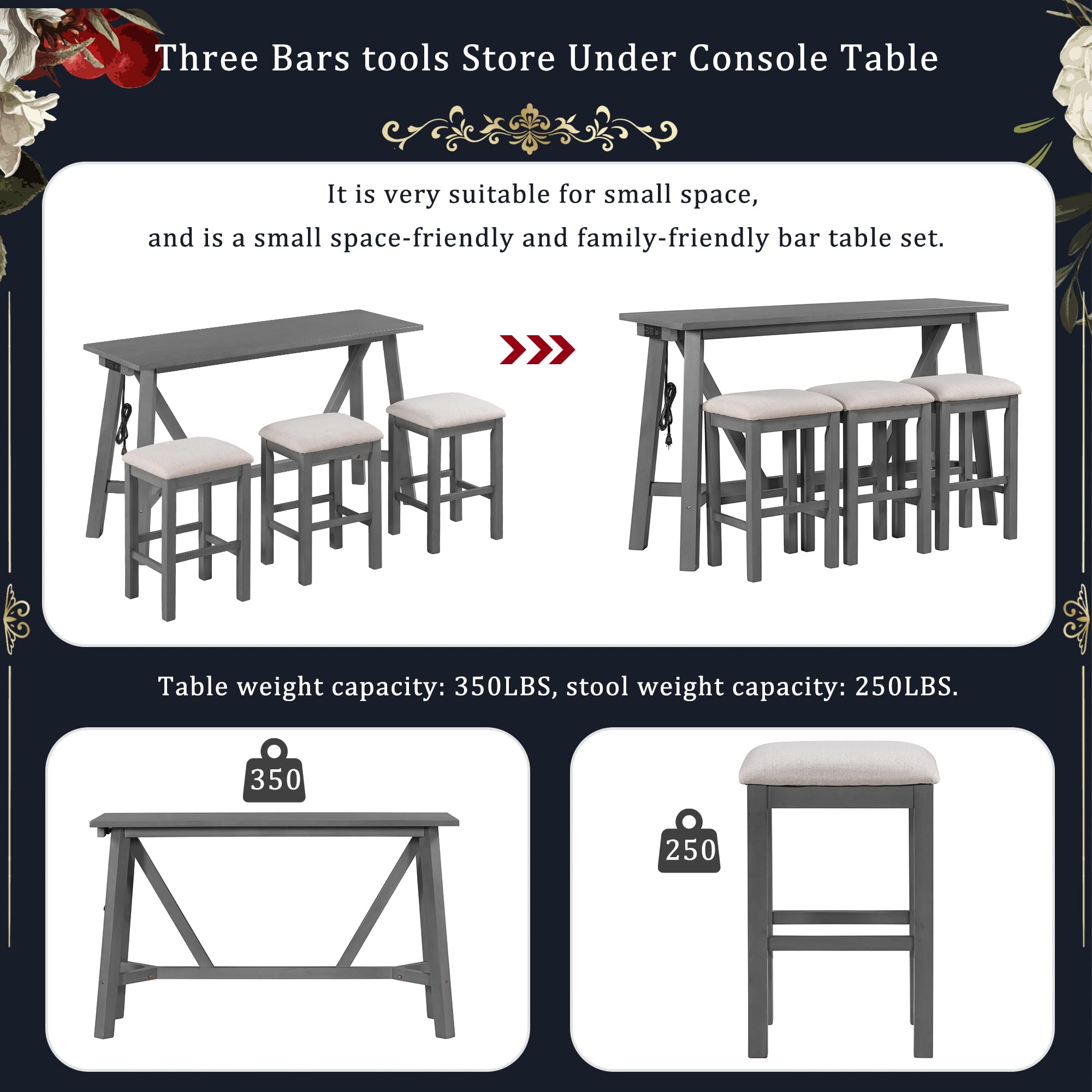FIQHOME 4-Piece USB Port and 3 Upholstered Stools w/Footrest,Rustic Wooden Bar Chairs, Living Room, Restaurant, Small Space Dining Table Set,Gray