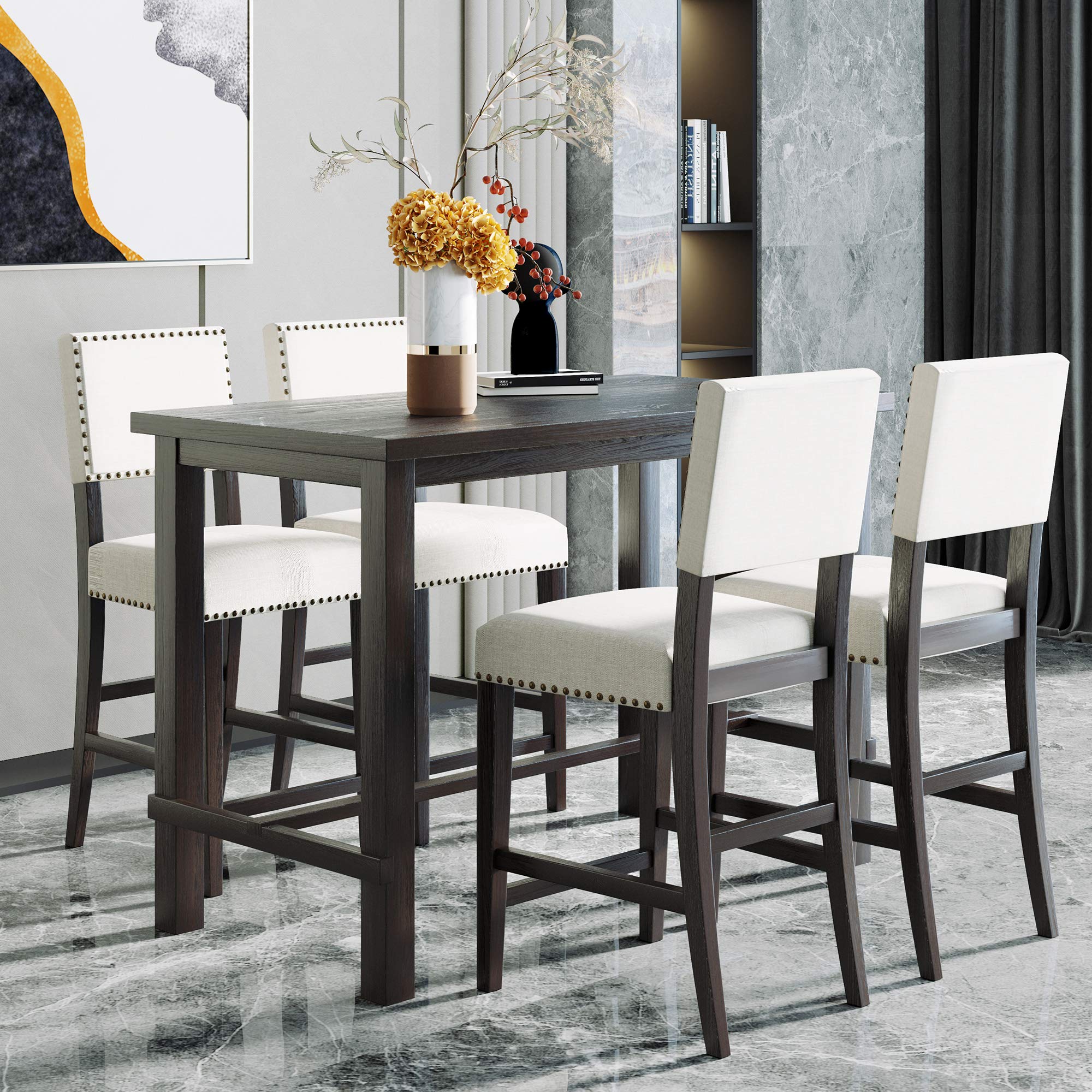 FRANSOUL Classic and Traditional Style 6 Piece Set, Rectangular Extendable Table,Desk, 4 Upholstered Dining Chairs,Bench,Kitchen Dinette,Diningroom,Guest Room, Home Bar,White+Gray