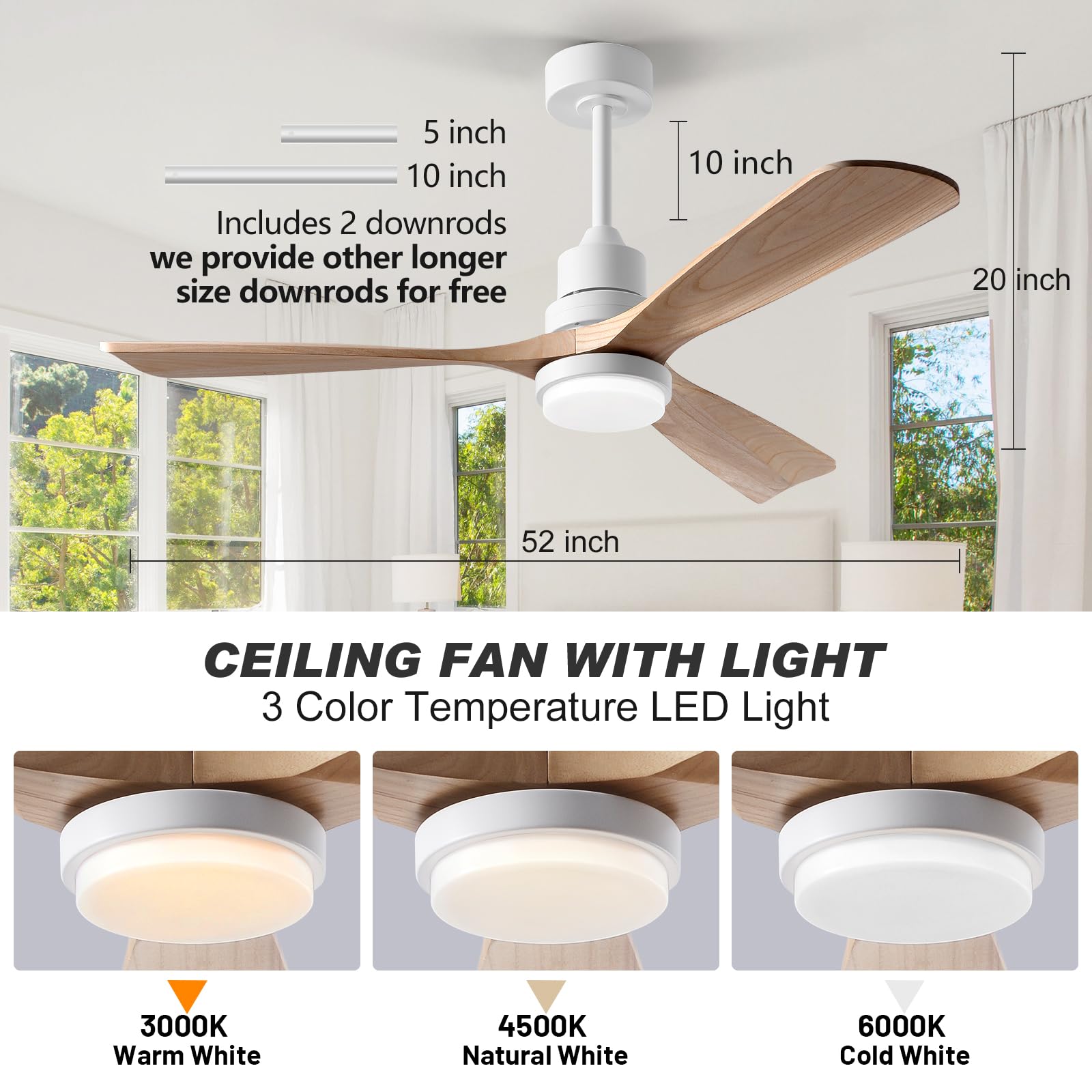 FXZZ 52 Inch Ceiling Fans with Lights and Remote, Quiet Reversible DC Motor and 3 Color LED Light, 3 Blades 6 Speed Wood Ceiling Fan for Farmhouse Living Room Bedroom Dining Room Workroom Study