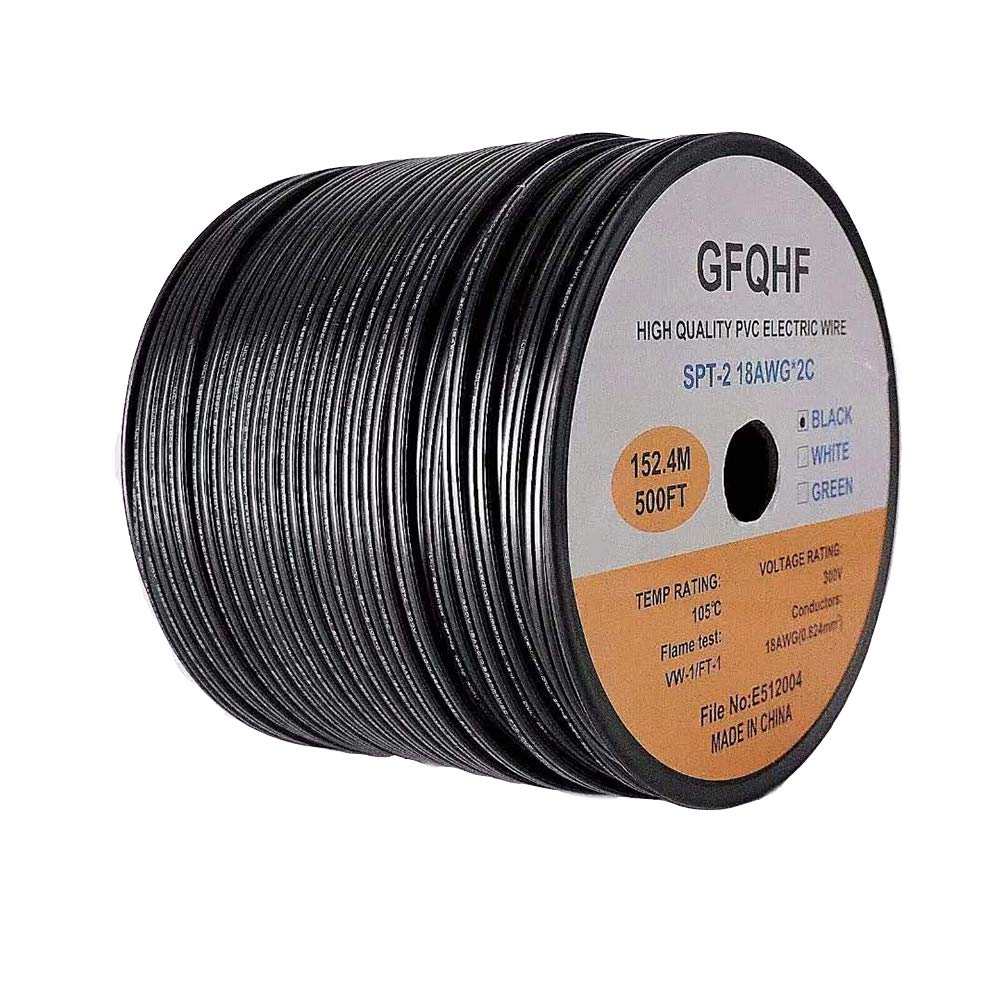 GFQHF 500FT Black SPT-2 Zip Cord Wire 18/2 Extension Electrical Cable, UL Listed 18 Gauge Wire, Work with SPT-2 Vampire Plug