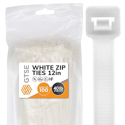 GTSE 12 Inch White/Clear Zip Ties, 100 Pack, 40lb Strength, UV Resistant Long Nylon Cable Ties, Self-Locking 12" Tie Wraps