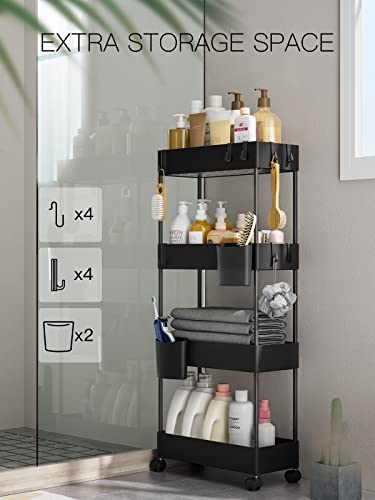 Pipishell Slim Storage Cart with Wheels, 4 Tier Bathroom Storage Organizer Rolling Utility Cart for Bathroom Kitchen Laundry Room Office Narrow Place (Black)