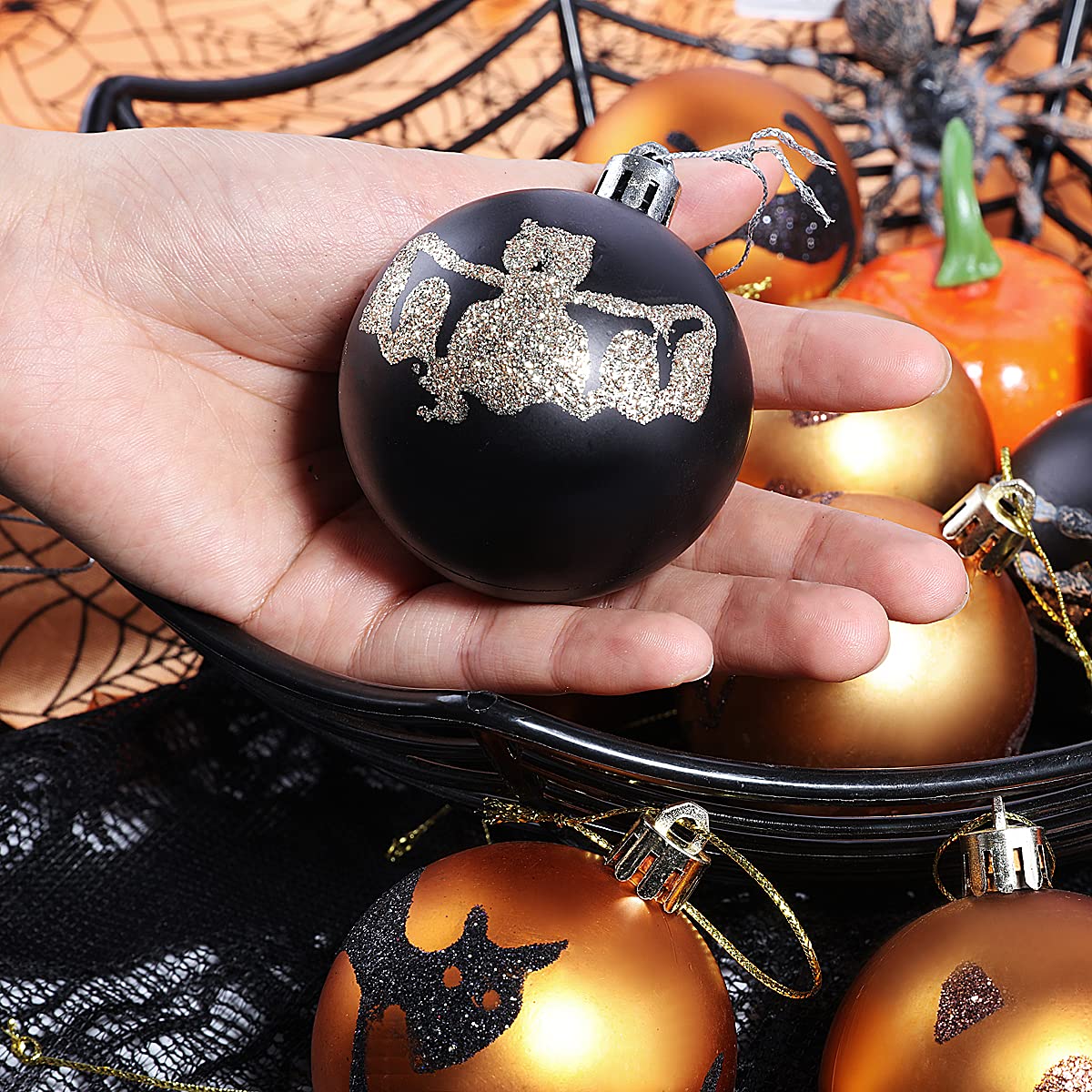 Halloween Hanging Ball Ornaments, 12pcs 2.16" Halloween Hanging Glitter Ball Decorations Plastic Reflector Rounds Hounted House Prop Toys, Spider Web Ghost Cat Printed for Halloween Hanging Decor