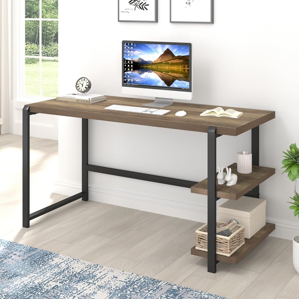 FOLUBAN Computer Desk, Home Office Desk with 2 Storage Shelves on Left or Right, Modern Study Writing Table, Oak 55 inch