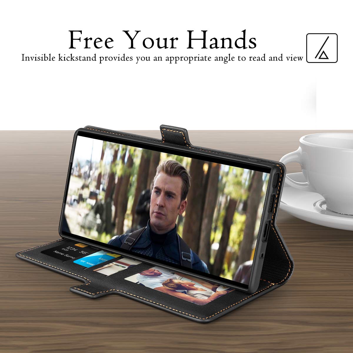 Galaxy Note 10 Plus Wallet Case: Premium Leather Folio Flip with Kickstand, Card Holder & Screen Protector for Samsung 6.8" (Black)