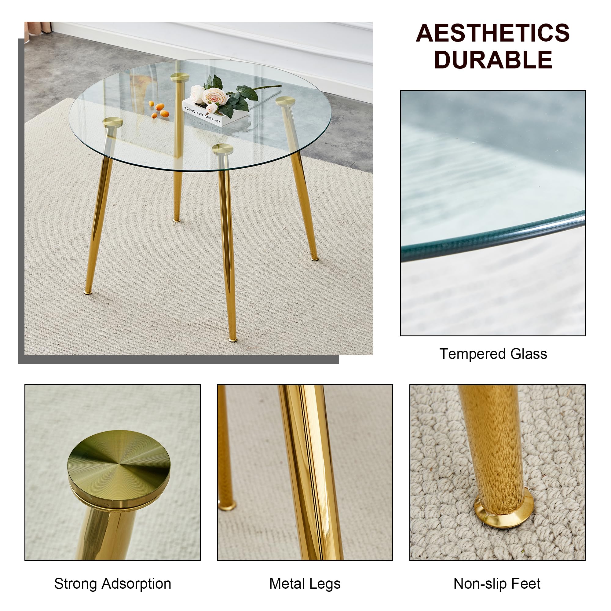 gopop Glass Dining Table Set for 4,5 Piece Round Dining Table Set,Gold Glass Dining Table with 4 White Leather Dining Chairs,Round Kitchen Table Set,Ideal for Apartment Living Room