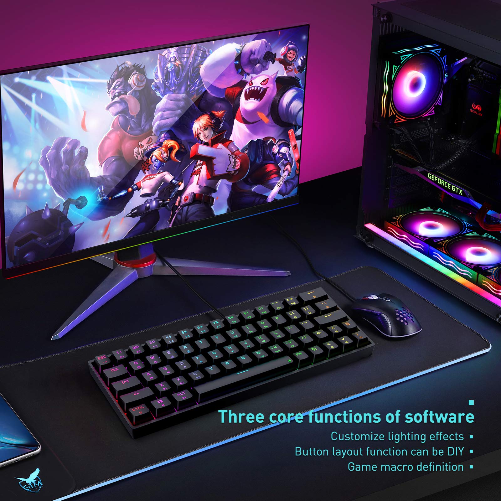GIM KB-64 60% Mechanical Gaming Keyboard, 64 Keys RGB Backlit Hot Swappable Wired Keyboard with Full Keys Programmable (Gateron Optical Brown Switch)