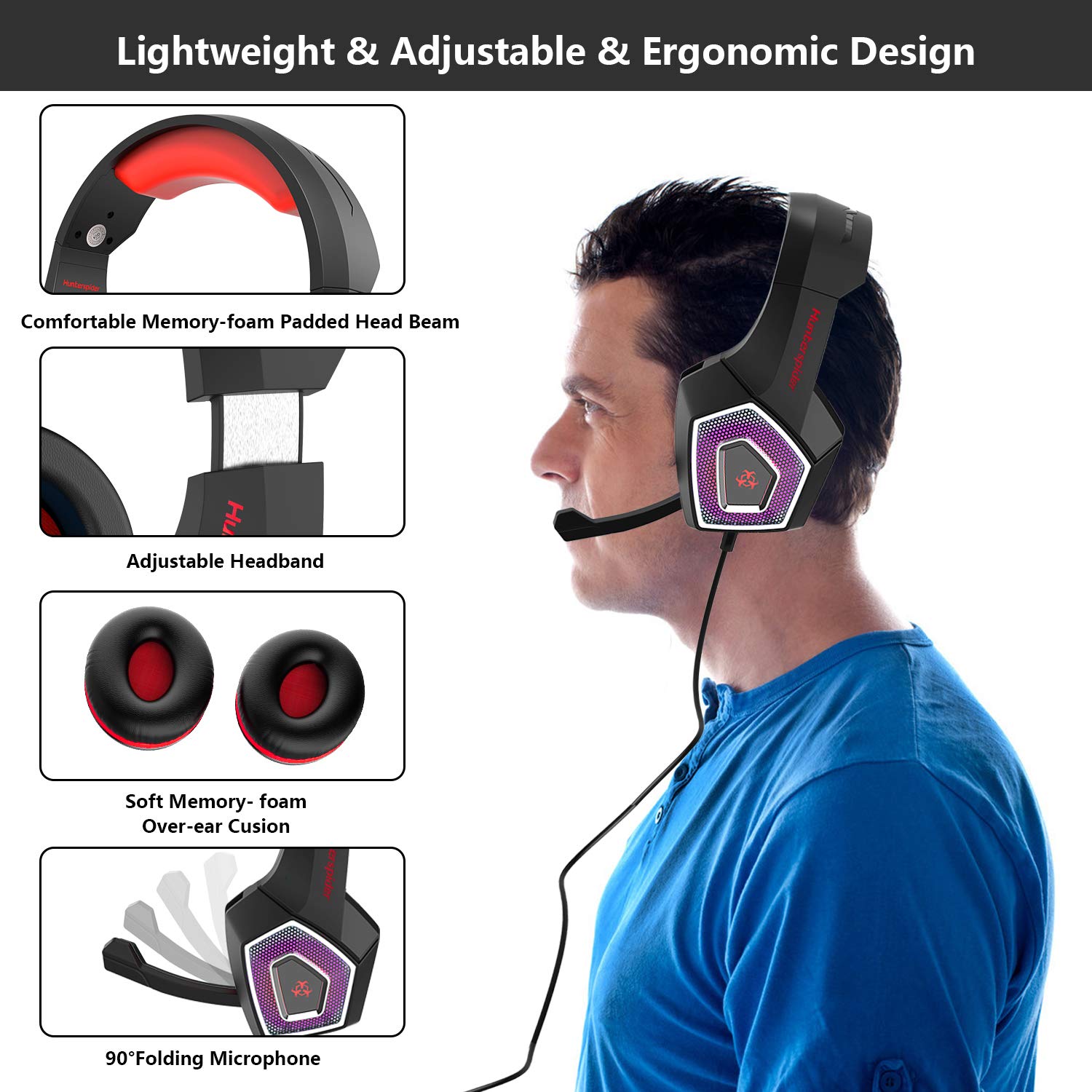 Gaming Headset for PS4 Xbox One, YCCSKY Wired Over Ear Headphone PC USB Gaming Headset with Noise Canceling Mic and LED Light, Compatible with PS4/Xbox One/Mac/Tablets/PC/Laptop/Mobile Phone (Red)