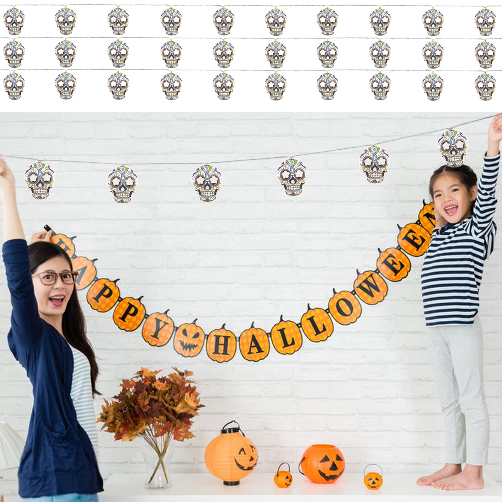 Halloween String Lights, 2 Packs Skull String Lights 30 LED Skull Lights 15ft Halloween Decoration Lights Battery/USB Powered Optional 2 Modes Halloween Lights Indoor Outdoor for Home Yard Patio