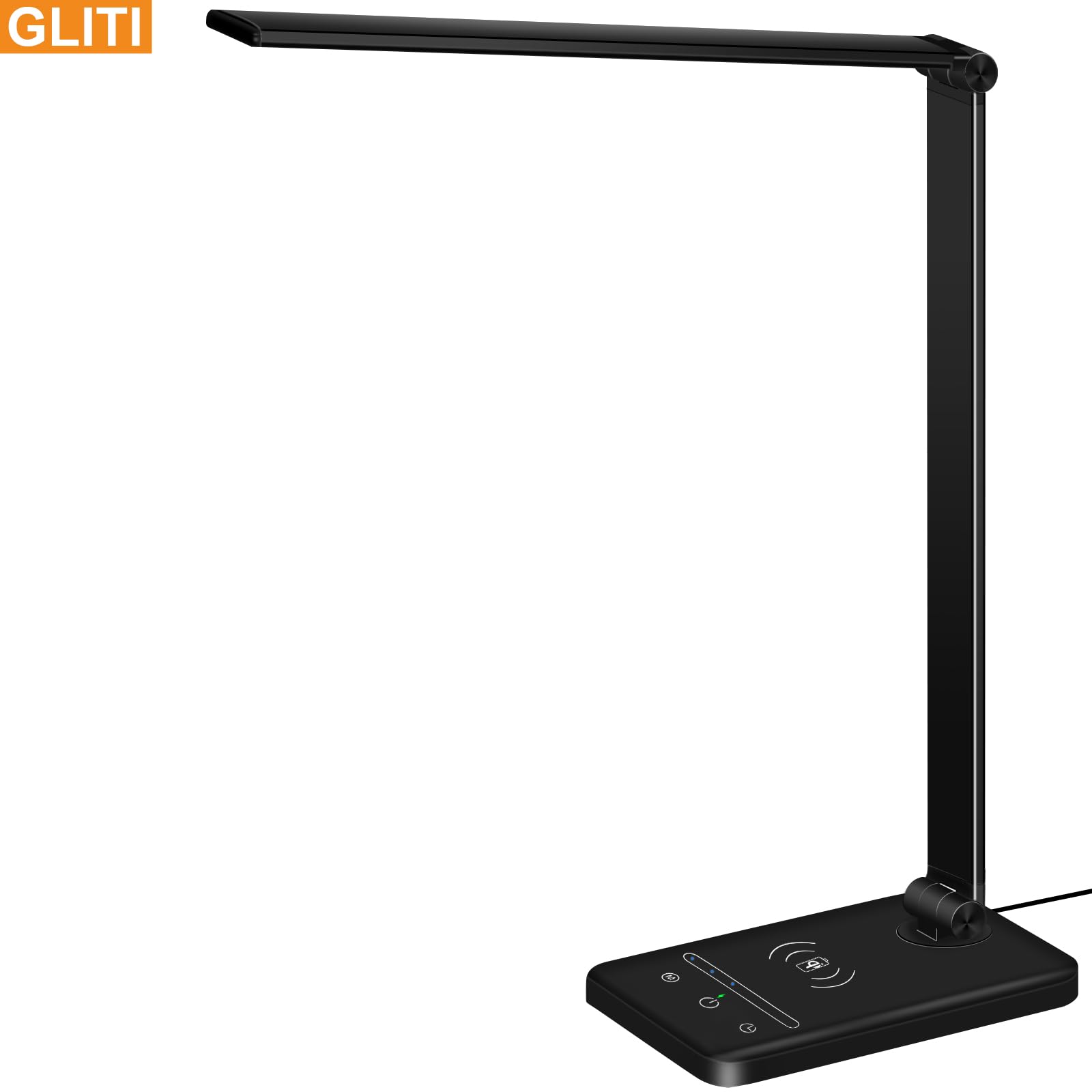 GLITI LED Desk Lamp with Wireless Charging,Dimmable Desk Light, 5 Light Colors, 6 Brightness Levels, Touch Control Table Lamp with USB Rechargeable, Auto Timer, for College Dorm, Home, Office