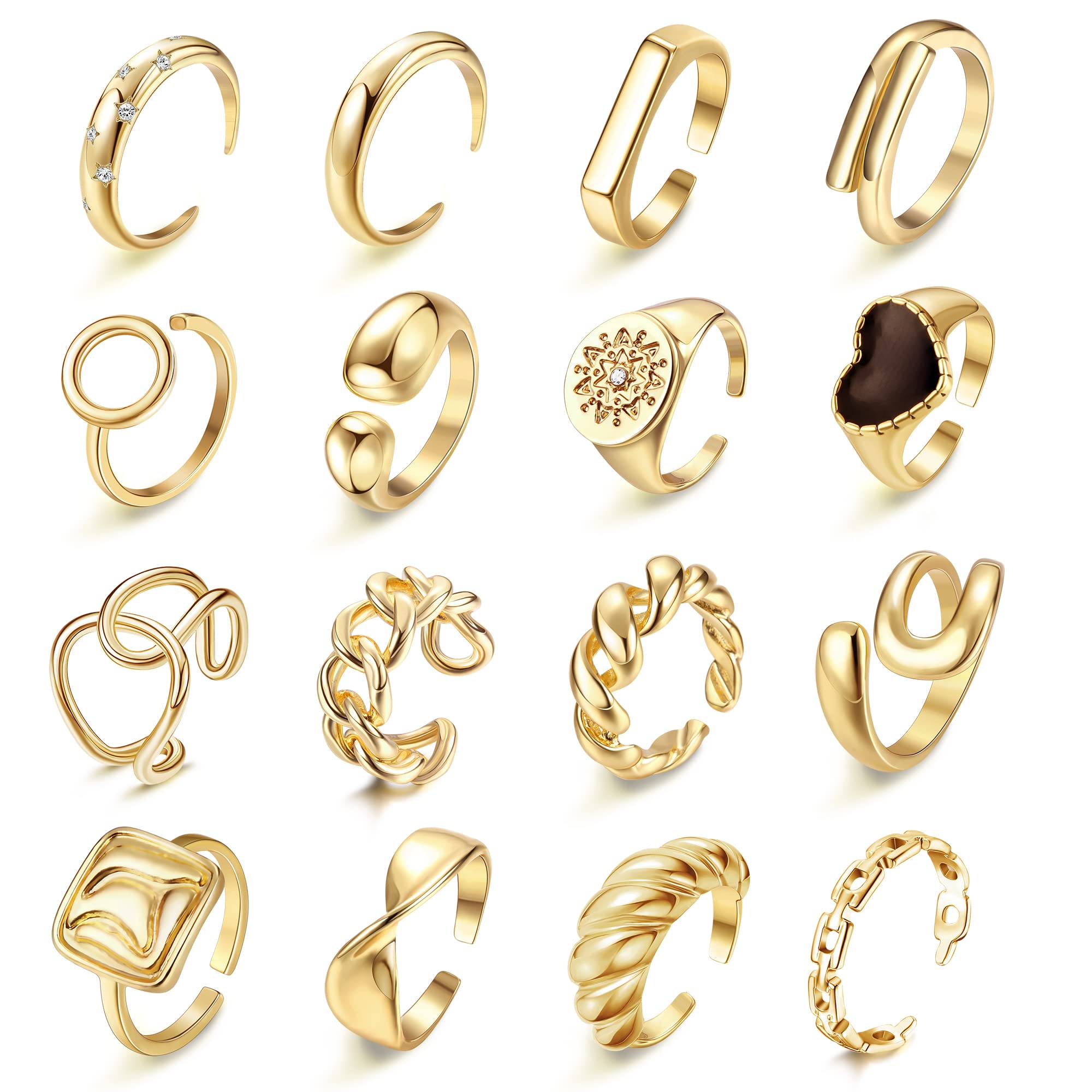 HAIAISO 16Pcs Gold Chunky Dome Ring Set for Women 18K Gold Plated Stackable Open Link Ring Trendy Braided Twisted Geometric Heart Signet Ring Adjustable Band Ring Minimalist Statement Over 3 Years Old