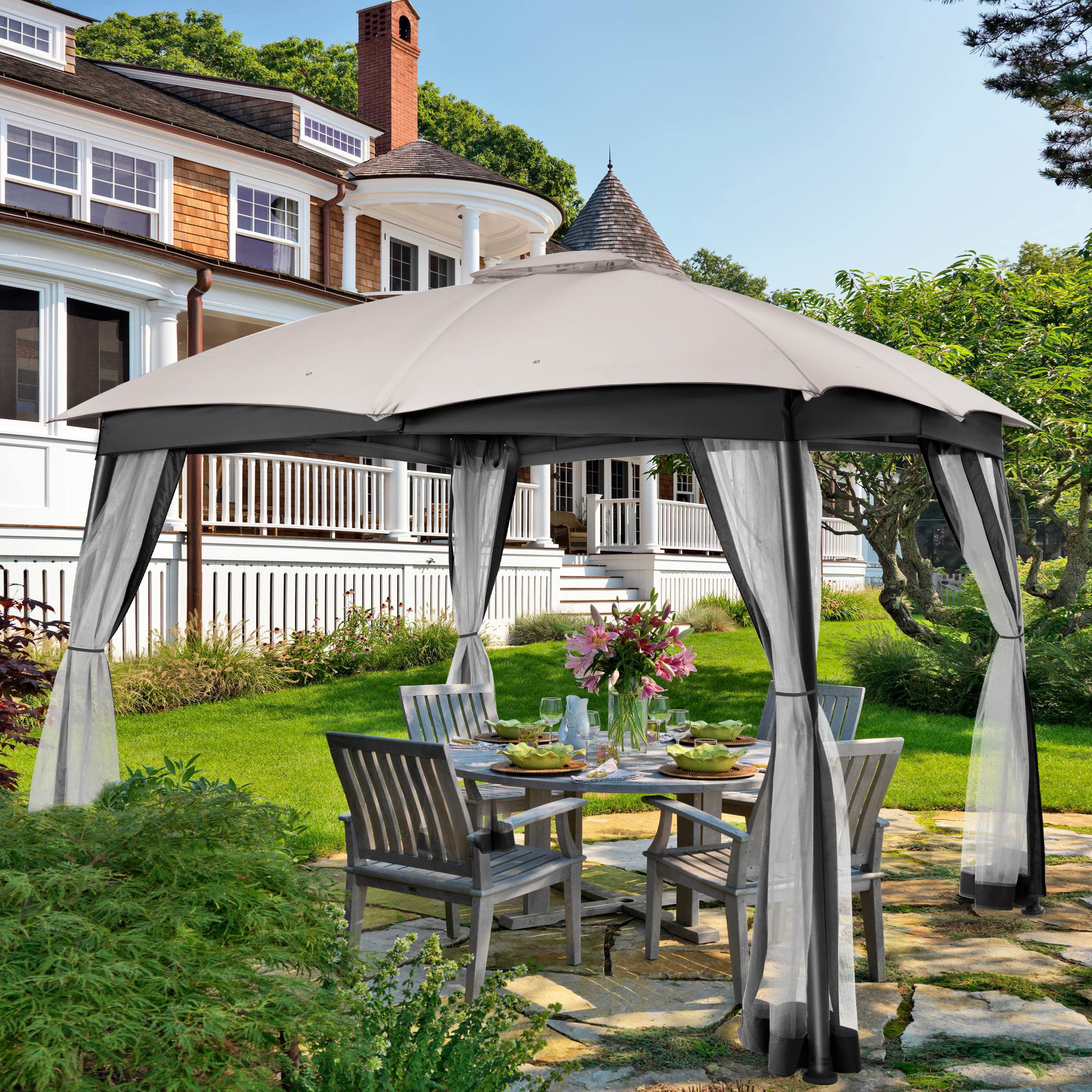 Gazebo for Patio, FAB BASED 10x10 Gazebo, Double Vent Canopy Gazebo, Outdoor Gazebo with Privacy Netting, Easy Setup Patio Pavilion with Steel Frame Strong Legs for Lawn, Backyard, Deck (Khaki)