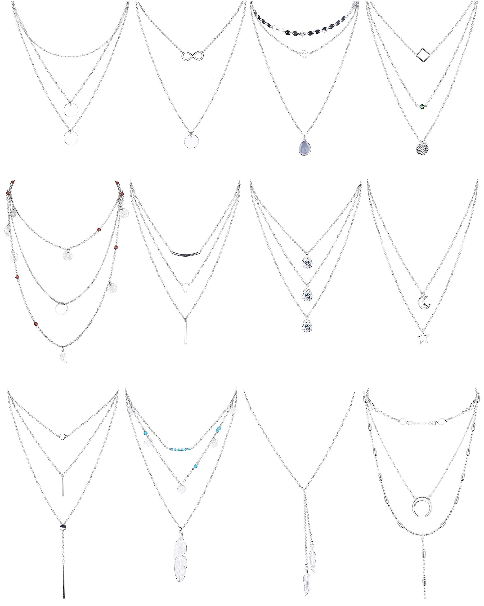 FINREZIO 12 PCS Gold Plated Layered Necklace for Women Sexy Long Choker Chain Y Necklace Bar Feather Pendent Necklace Sets Silver Tone