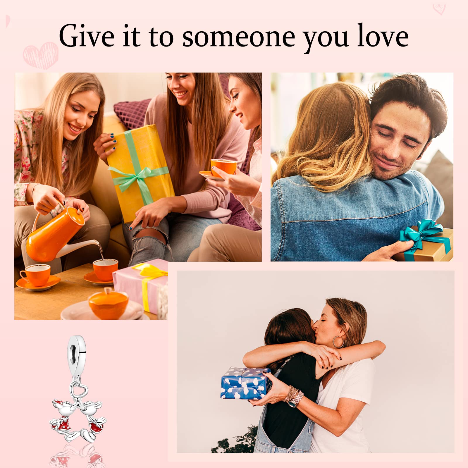 HAEPIAR Mickey&Minnie Kissing S925 Silver Charm for Bracelet Necklace Sterling Silver Dangles for Women