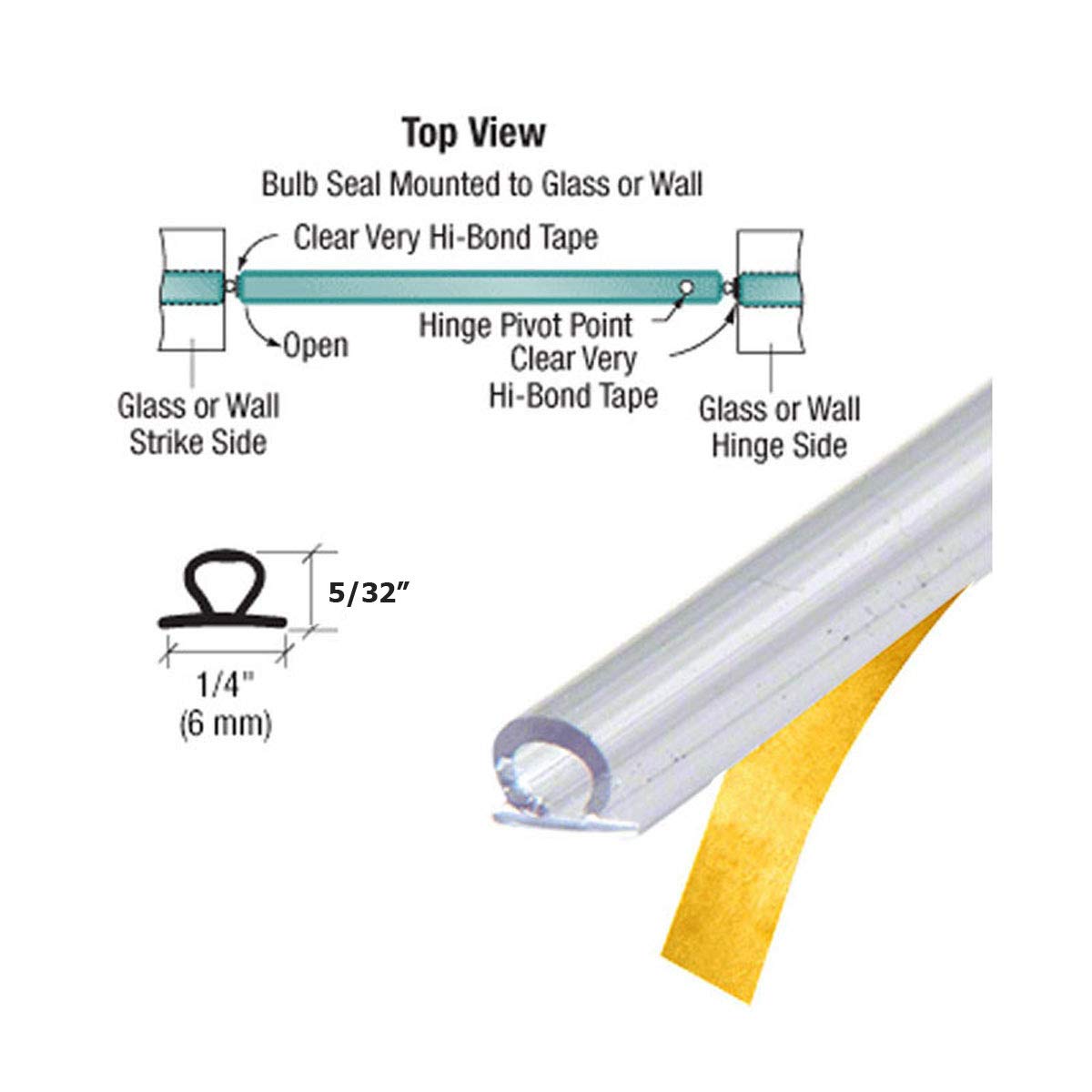 Gordon Glass® Shower Door Translucent Vinyl Bulb Seal with Clear Pre-Applied Very High Bonding Tape for 5/32" Gap - 95 in Long