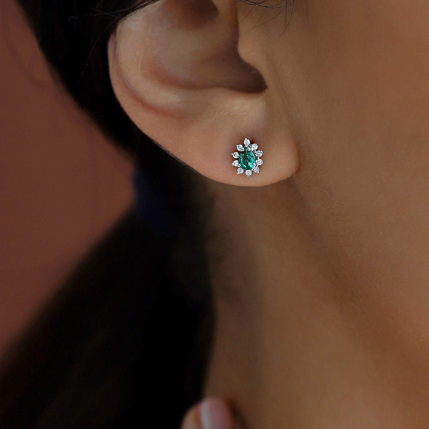 Gelin 14K Solid Gold Birthstone Stud Earrings with Diamond | 14k Gold Emerald Stud Earrings for Women