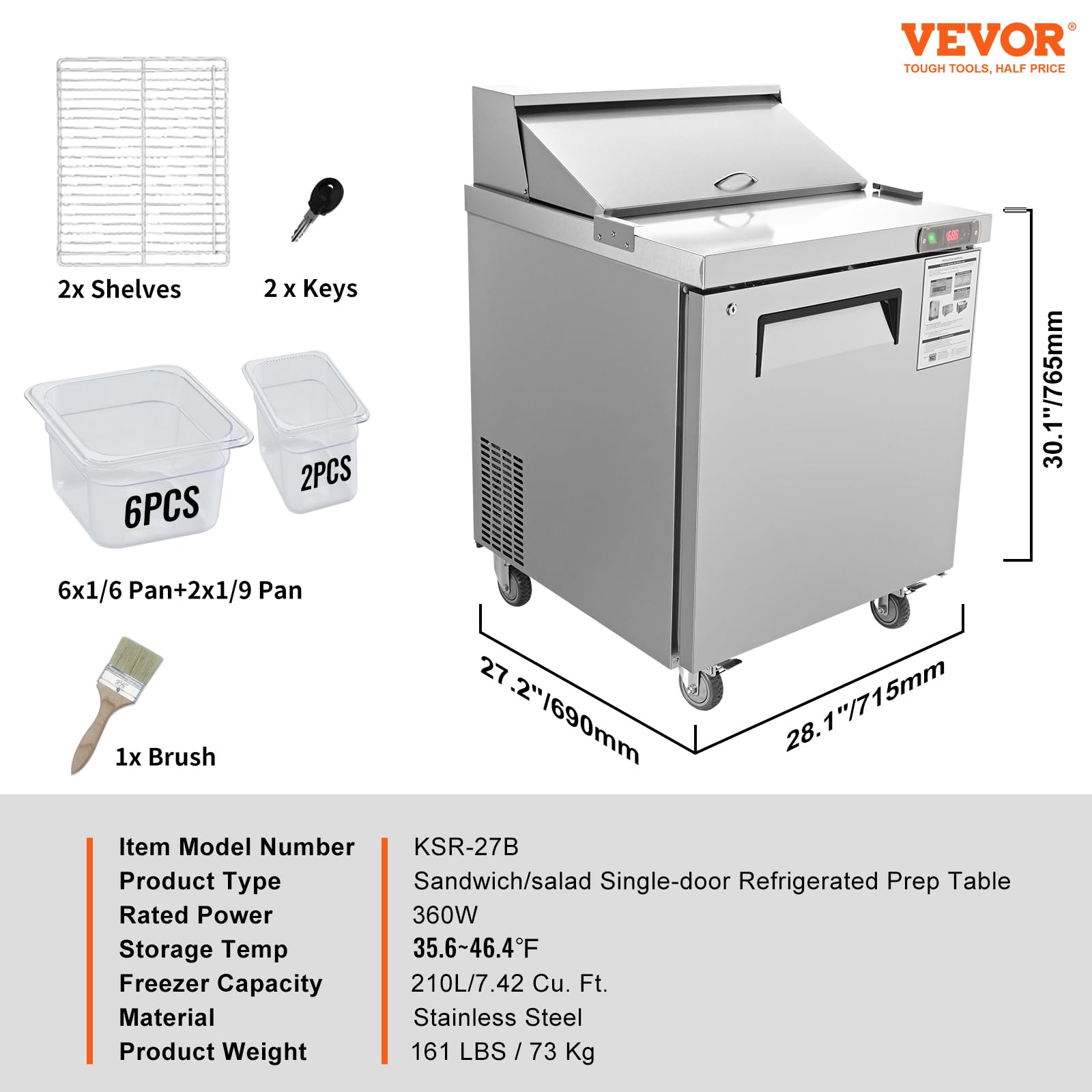 VEVOR Commercial 7.42 Cu. Ft Sandwich/Salad Table Stainless Steel Food Prep Station Fridge with 8 Pan, for Restaurant, Bar, Shop, 28" W Refrigerator Single Door, Silver