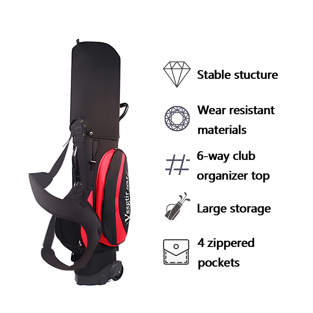 Golf Stand Bag with Wheels, Retractable Bracket Golf Club Bag for Men, 6 Way Top Dividers with Dual Strap, Easy to Carry and Travel.