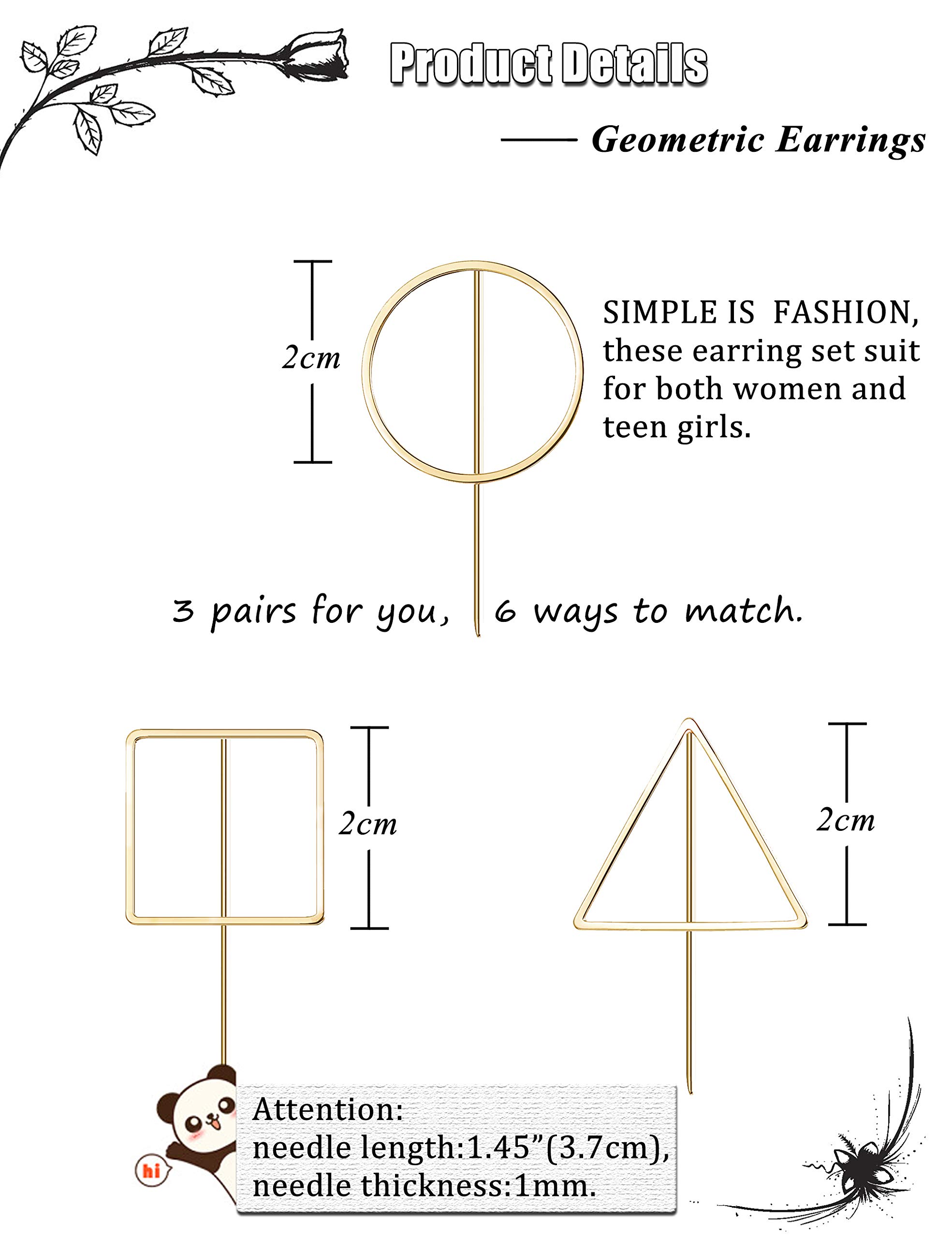 Finrezio Geometric Earrings for Women Girls Simple Round/Square/Triangle Earrings Set 3 Colors (Style A:Gold tone)
