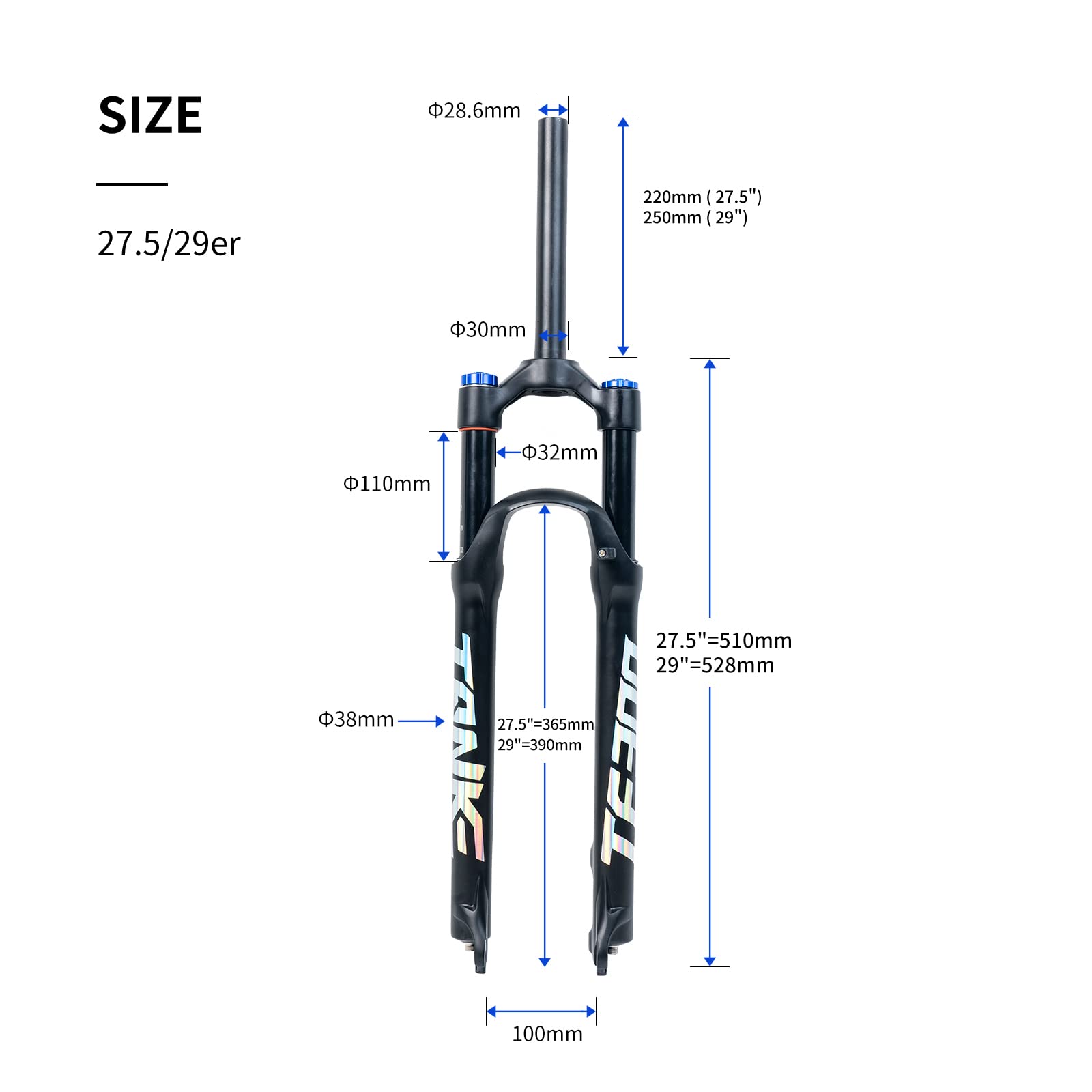 HAIMIM Mountain Bicycle Suspension Forks, 27.5/29 inch MTB Bike Front Fork with Rebound Adjustment, 100mm Travel 28.6mm Threadless Steerer (Black, 29inch)