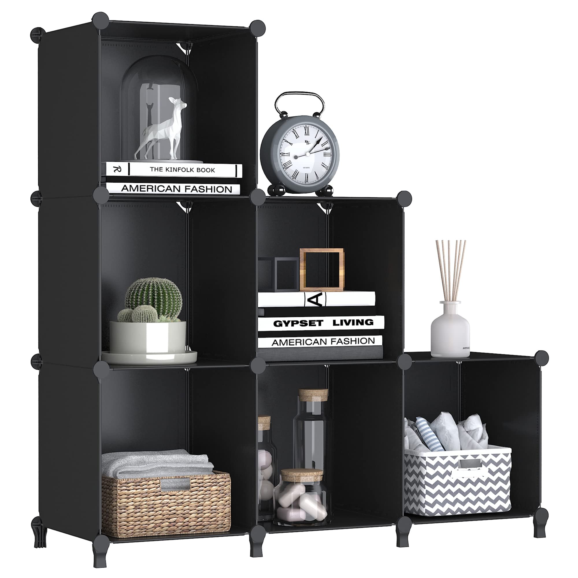FUNLAX Cube Storage Shelf, 6 Storage Cubes Closet Organizers and Storage Portable Cube Storage Organizer Plastic Bookshelf Bookcase for Study Room, Bedroom, Office, Black