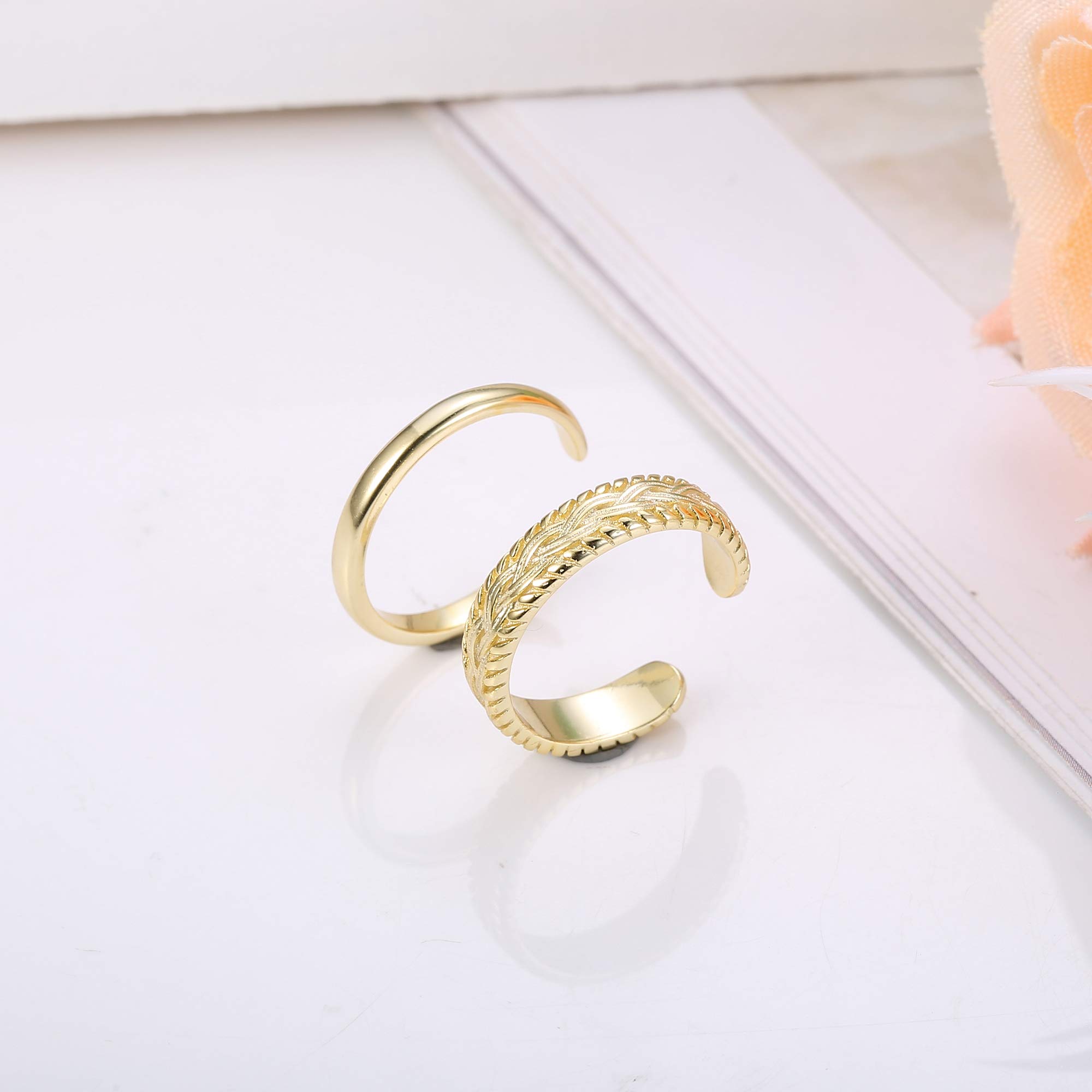 FUNRUN JEWELRY 2 PCS Sterling Silver Toe Ring for Women Girls Retro Vintage Design Adjustable Ring Set (B:18K Gold Plated)