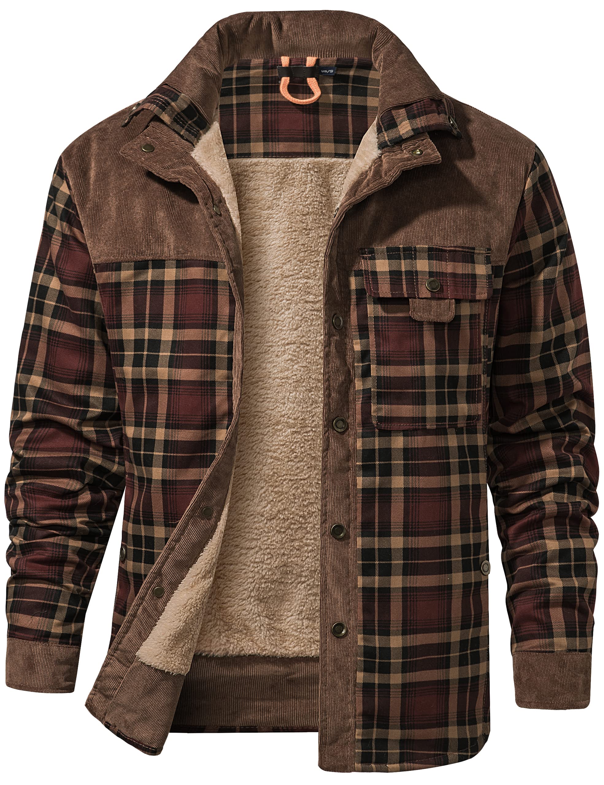 Flygo Men's Outdoor Casual Vintage Buck Fleece Sherpa Lined Flannel Camp Plaid Shirt Jacket(Coffee-M)