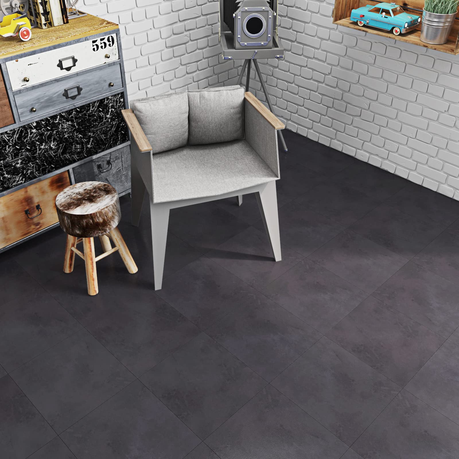 FunStick Peel and Stick Floor Tile Slate Grey Vinyl Flooring for Bathroom Floor Tiles Peel and Stick Waterproof Stick on Floor Tiles Sticky Laminate Flooring Sheets for Kitchen Bedroom 12x12In 5 Pcs
