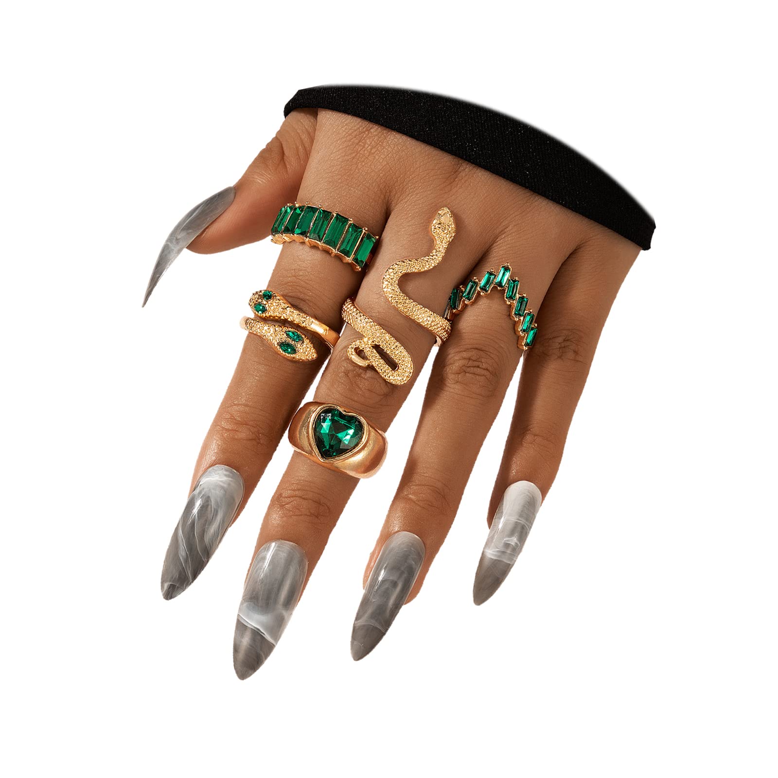 FUTIMELY Green Crystal Snake Rings for Women Teen Girls,Boho Retro Stackable Knuckle Joint Finger Rings Sets,Simple Midi Rings Gold Plated Statement Stacking Rings Pack (5pc)