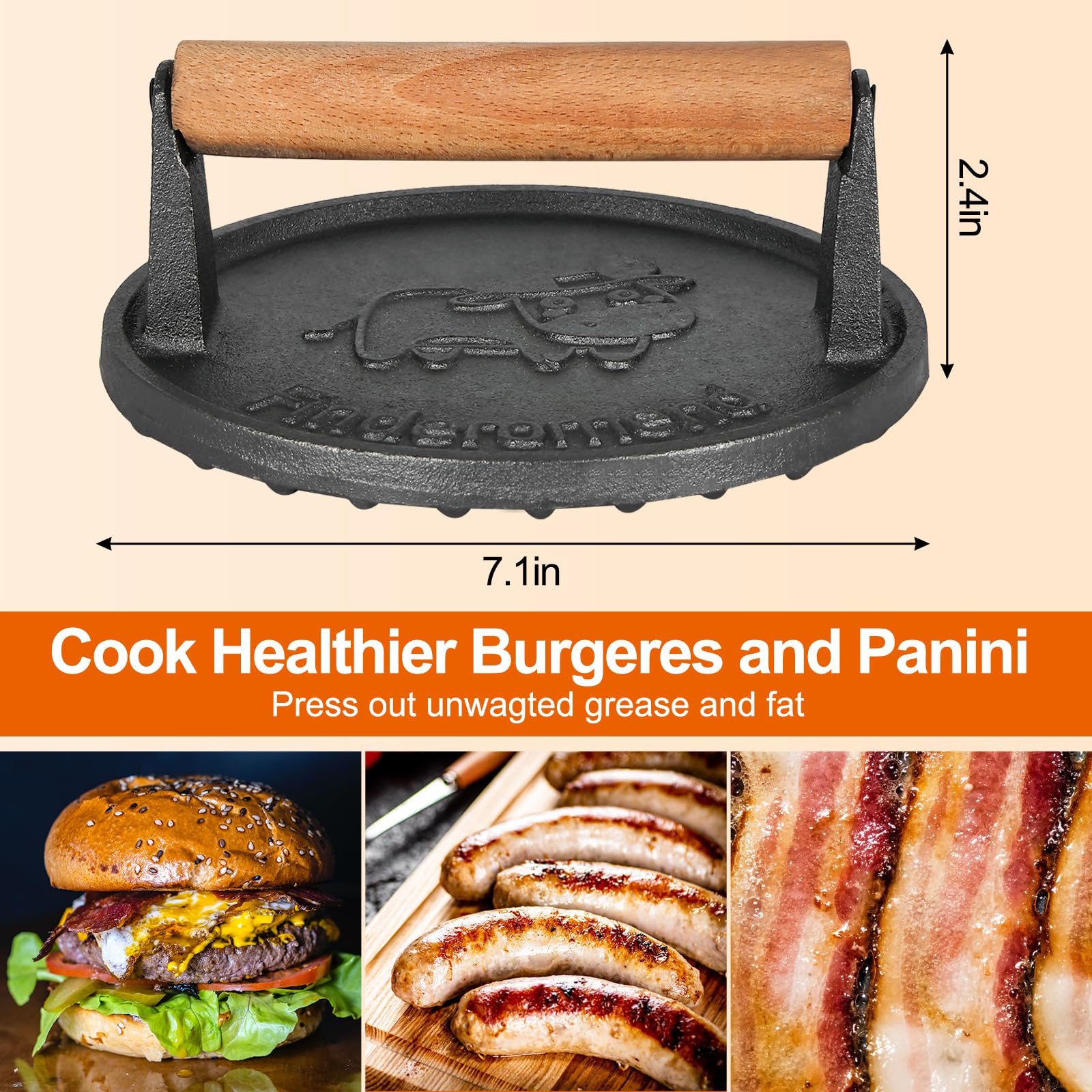 Finderomend Hamburger Press,Cast Iron Grill Press,Heavy Duty Smash Meat,Bacon,Steak & Burger Press with Wooden Handle for Blackstone Pitboss Weber Treager Griddle (Calf-Round 3)