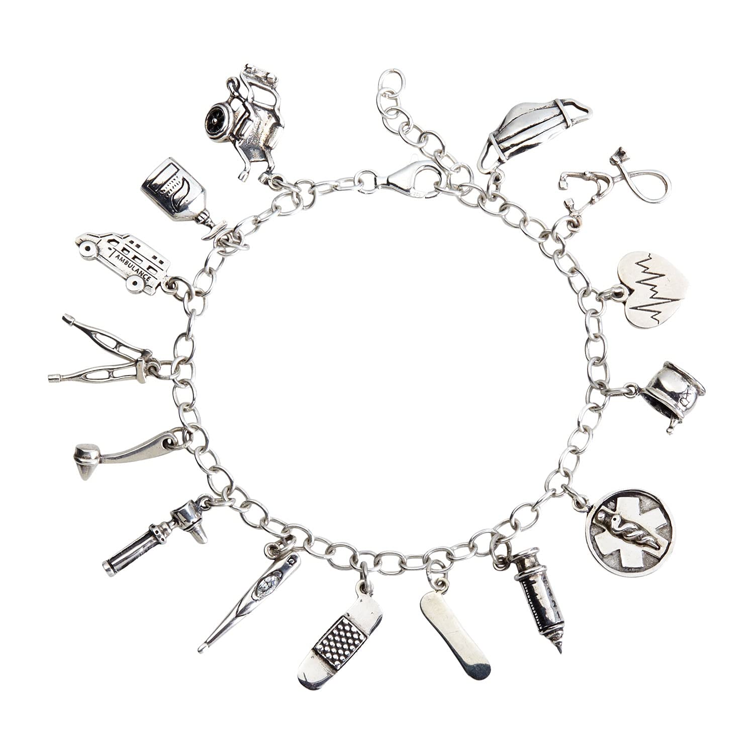 FLORIANA Medical Symbols Charm Bracelet for Healthcare Workers, Sterling Silver