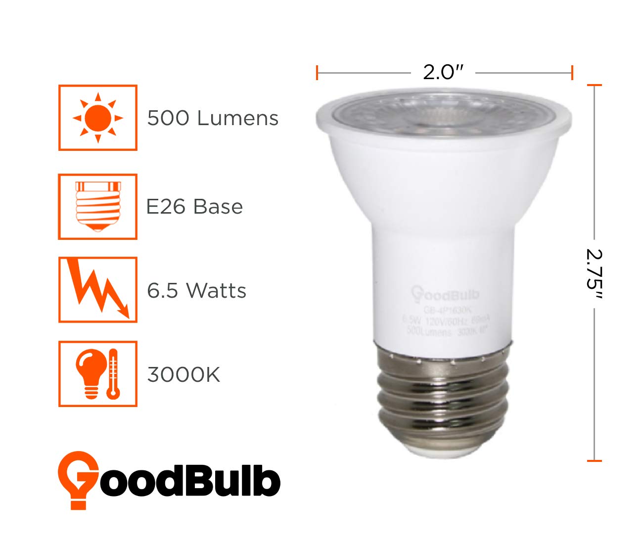 GoodBulb LED PAR16 Light Bulbs | 6.5 Watt (40 Watt Equivalent) | E26 Base | Warm White 3000K | EcoSmart Lights | High Output 500 Lumens (Pack of 4)