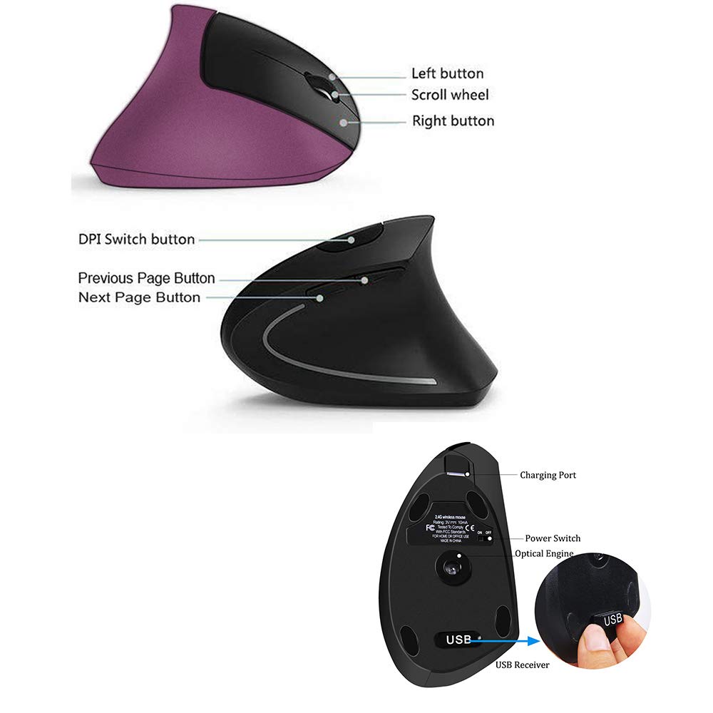 Funwaretech Wireless Ergonomic Mouse, 【Rechargeable】 2.4G Vertical Optical Mice,800/1200 /1600 DPI with 6 Buttons for Laptop,Desktop,PC, MacBook(Purple)