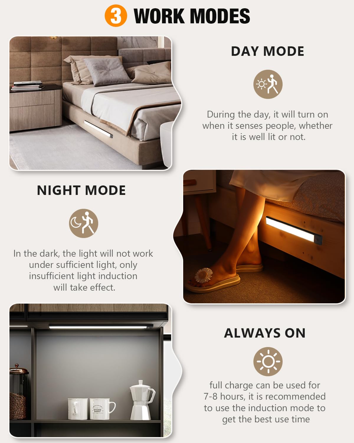 Garpsen Motion Sensor Light Indoor, LED Under Cabinet Lights with 2000mAh Rechargeable Battery Operated, 3 Modes & Color Temperature Dimmable Closet Lighting, Night Light for Home-3Pack